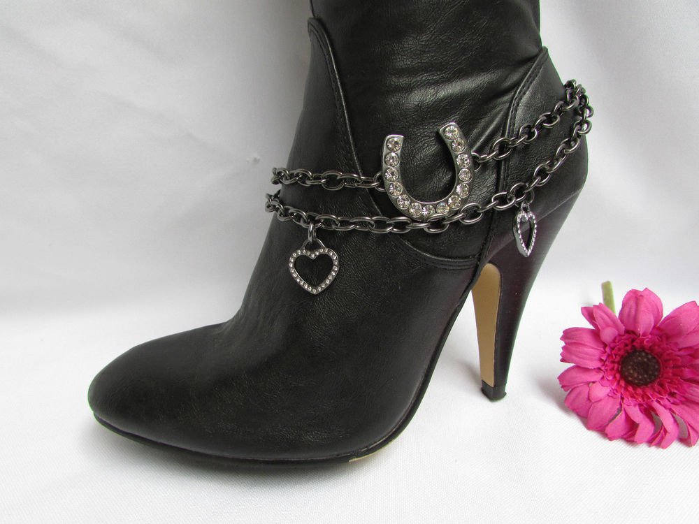 Women Pewter Boot Chains Rhinestones Horseshoe Hearts Western Rodeo ...
