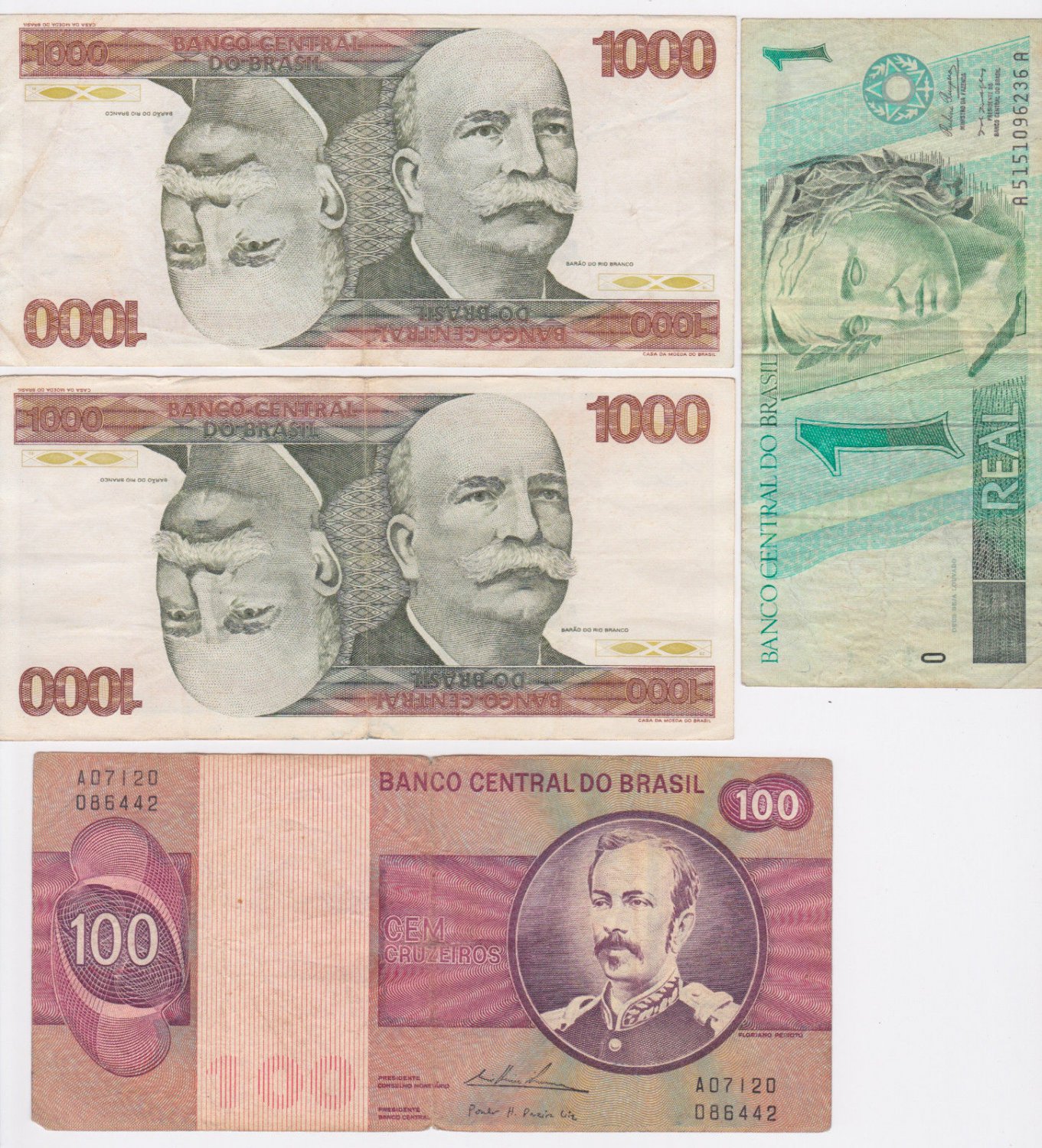 BRAZIL CRUZEIROS 1000 100 1 Lot of 11 Banknotes $7202 BRASIL CRUZEIROS ...