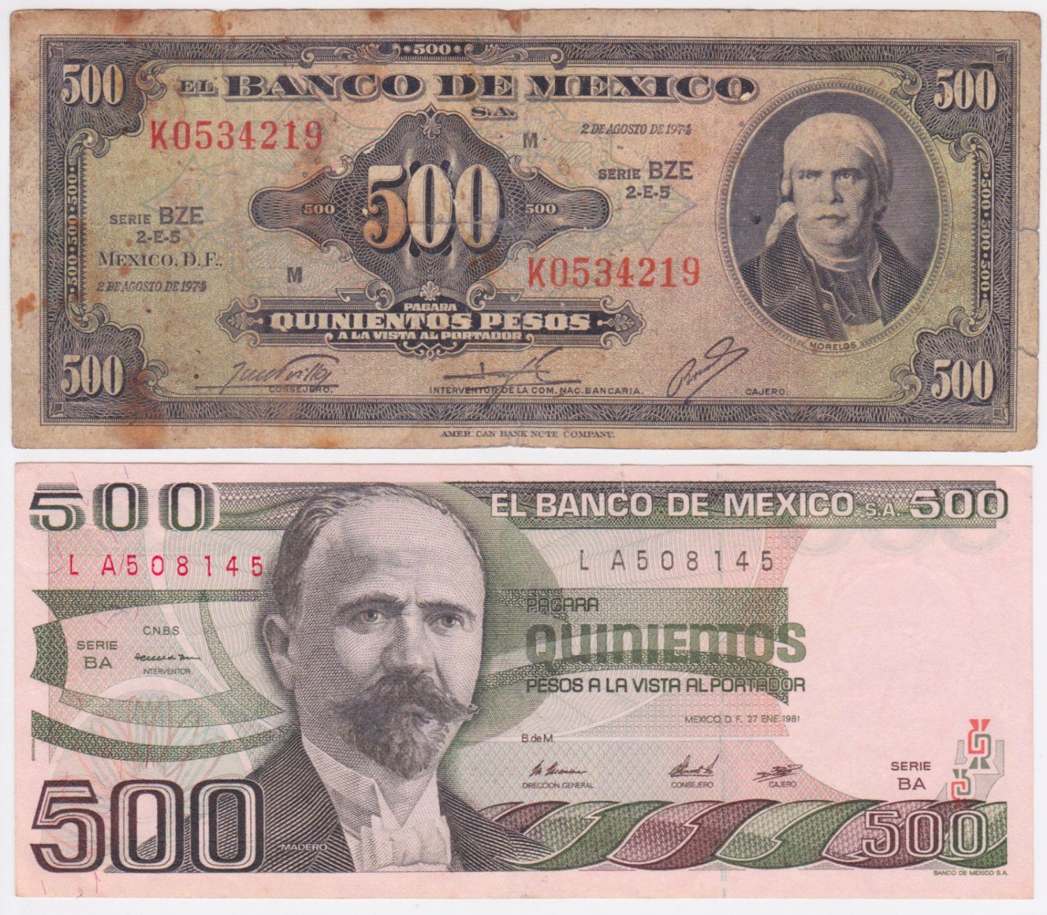 Mexico 500 Pesos 2-8-1974 & 1981 series Circulated Banknotes Serie BZE