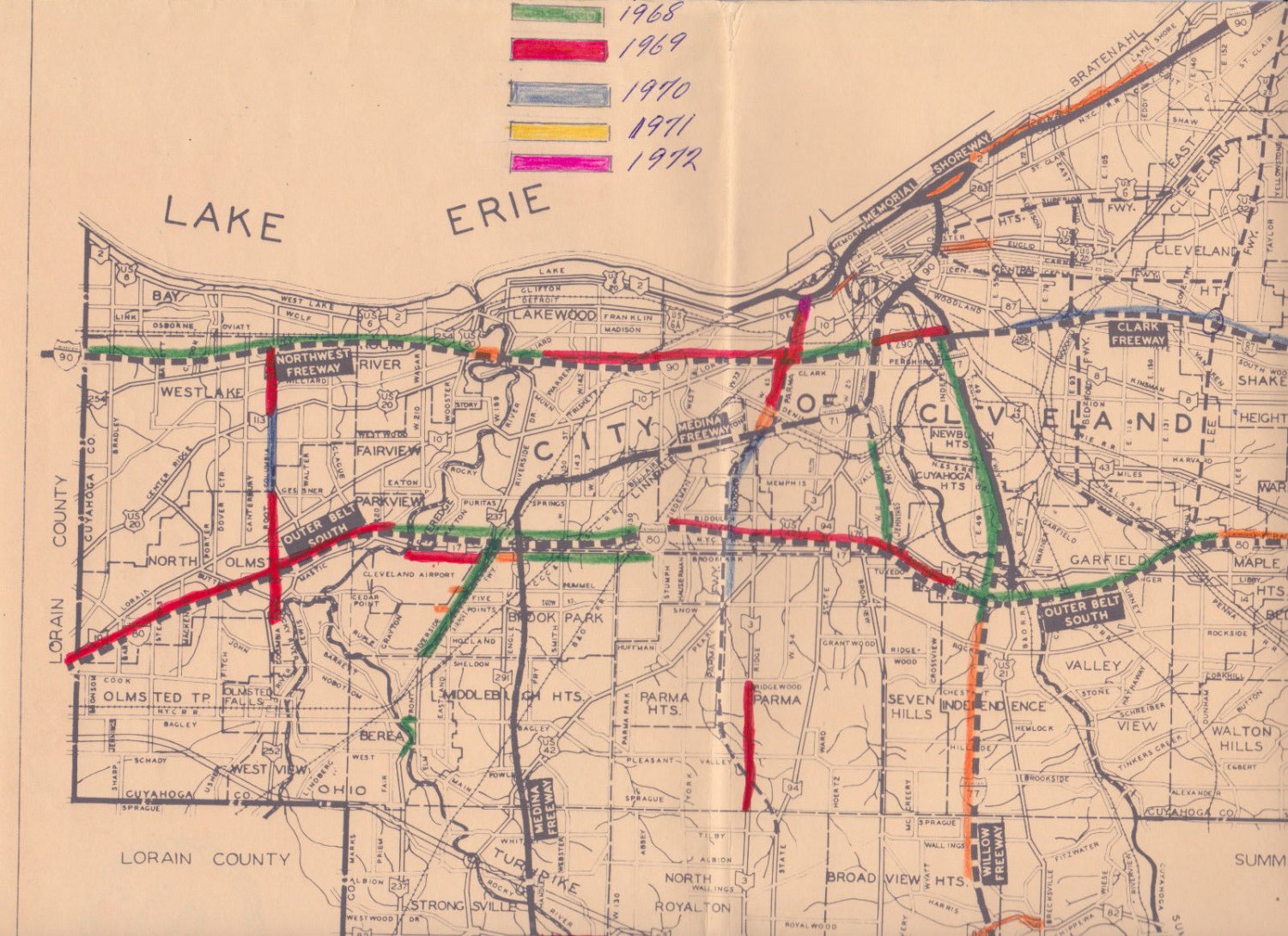 1967 Ohio Map Department of Highway Cleveland Construction vtg 27" x 22 ...