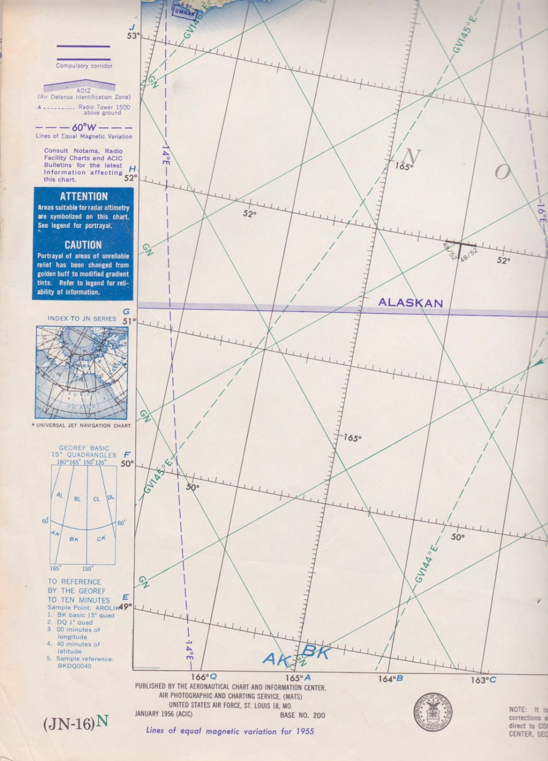 USAF Jet Navigation Chart Map Gulf of Alaska 9/1958 JN-16 57" x 41.75"