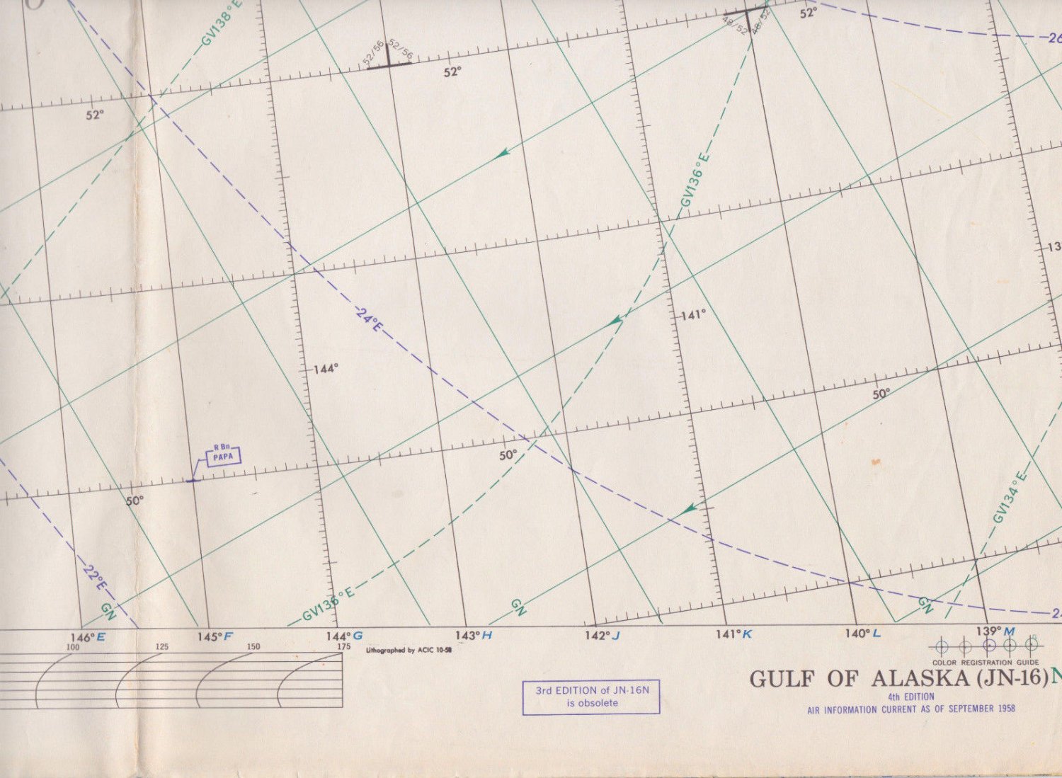 USAF Jet Navigation Chart Map Gulf of Alaska 9/1958 JN-16 57" x 41.75"