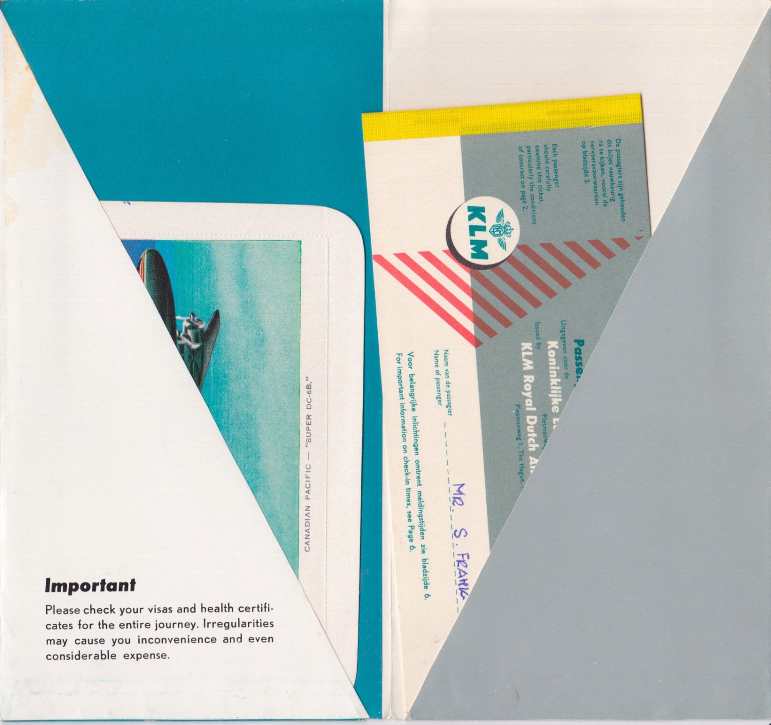 1958 KLM DUTCH AIRLINES Ticket Folder Flight Log Canadian Pacific Air ...