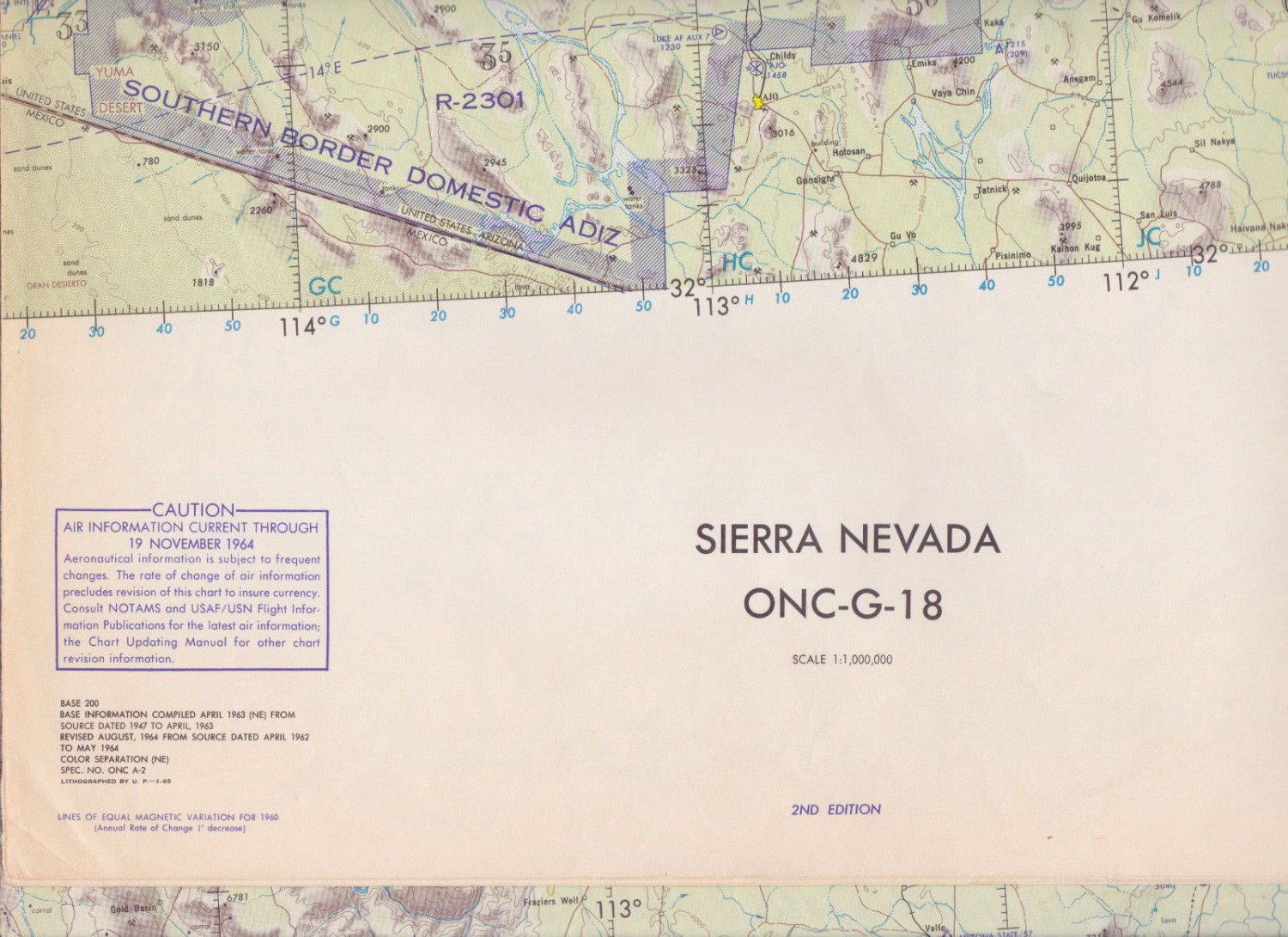 1964 USAF Operational Navigation Chart Map Sierra Nevada ONC-G-18 AIR ...