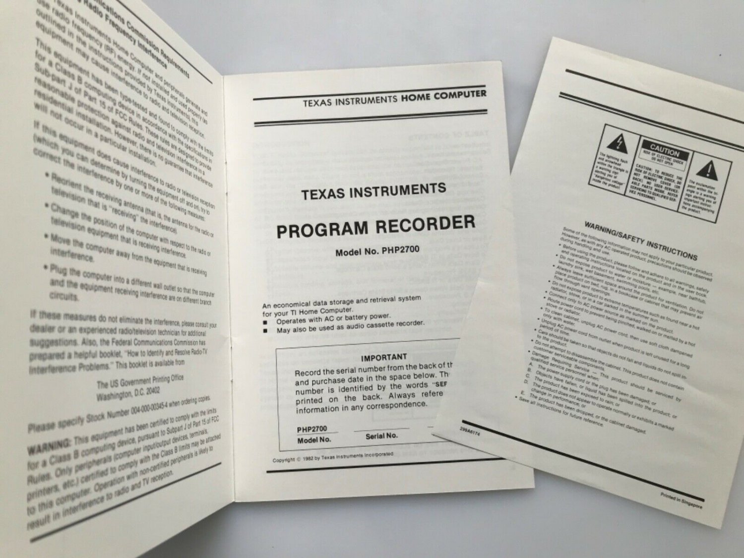 1982 Texas Instruments TI Cassette Tape Program Recorder PHP2700 MANUAL ...