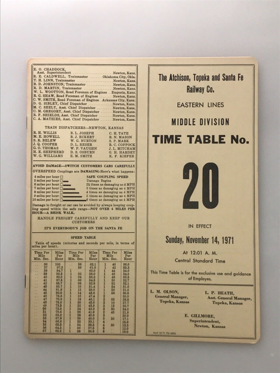 ATSF-SANTA FE Railway Employee Timetable #20 Eastern Lines Middle Div ...