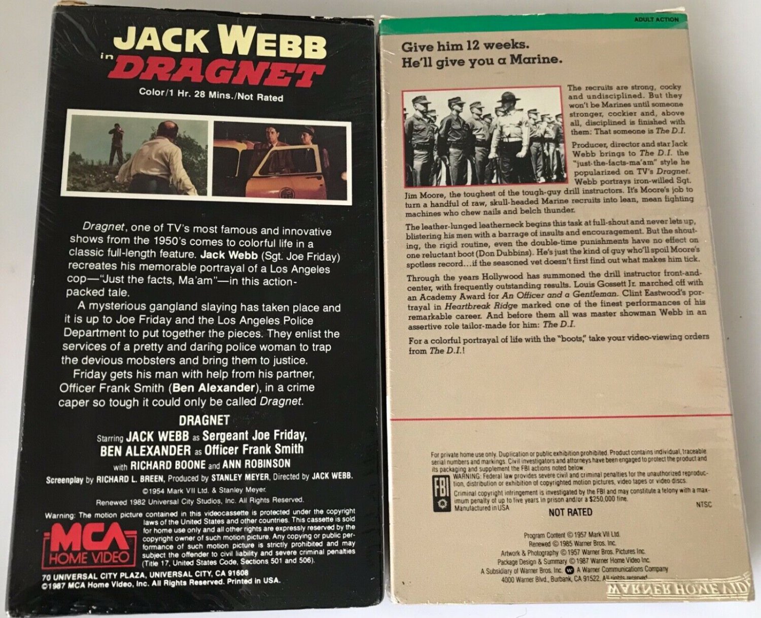 DRAGNET & THE D.I. RARE VHS Tape 1954 & 1957 JACK WEBB movies lot of ...