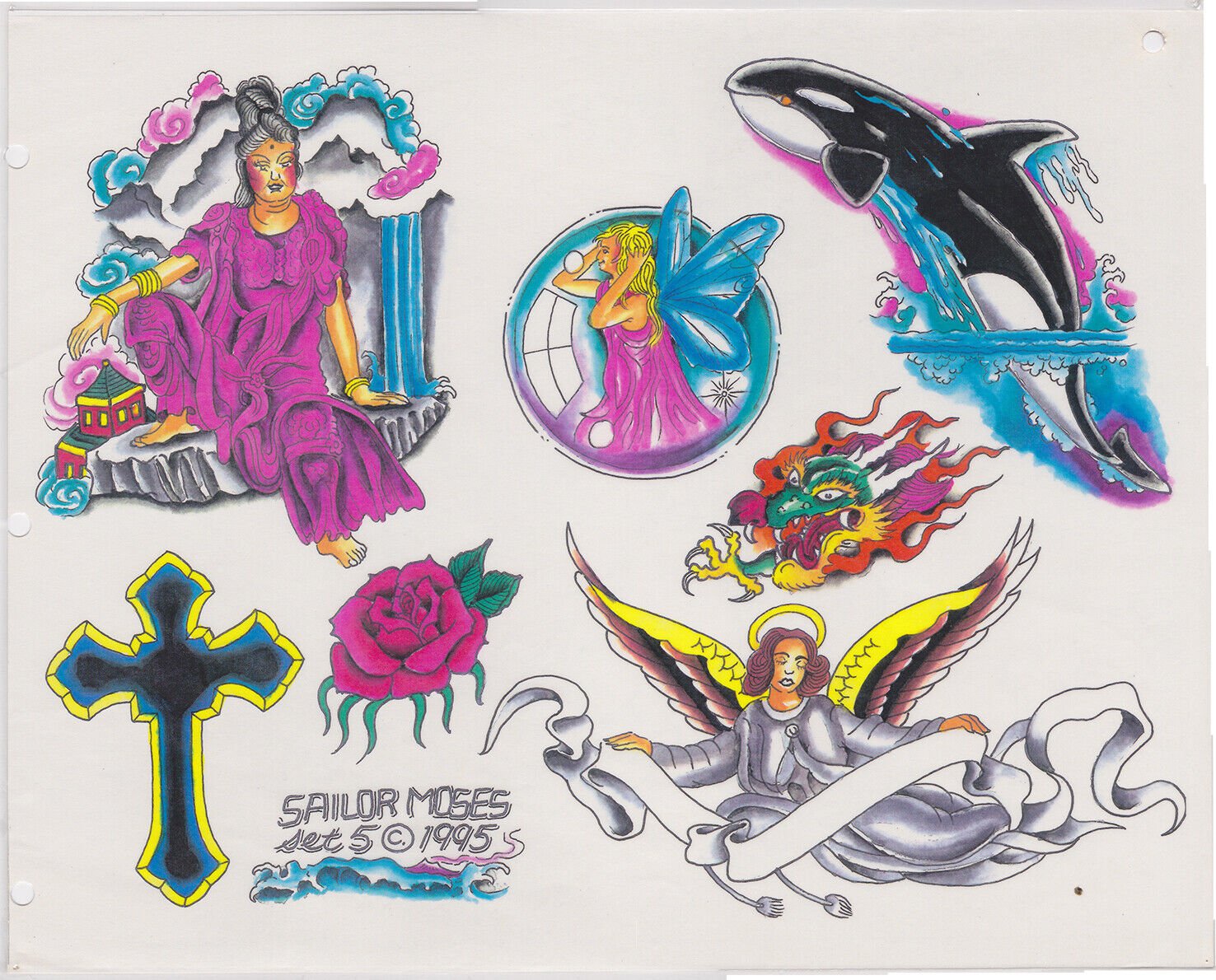 1995 Sailor Moses tattoo flash Killer Whale Shamu, Christian Cross ...