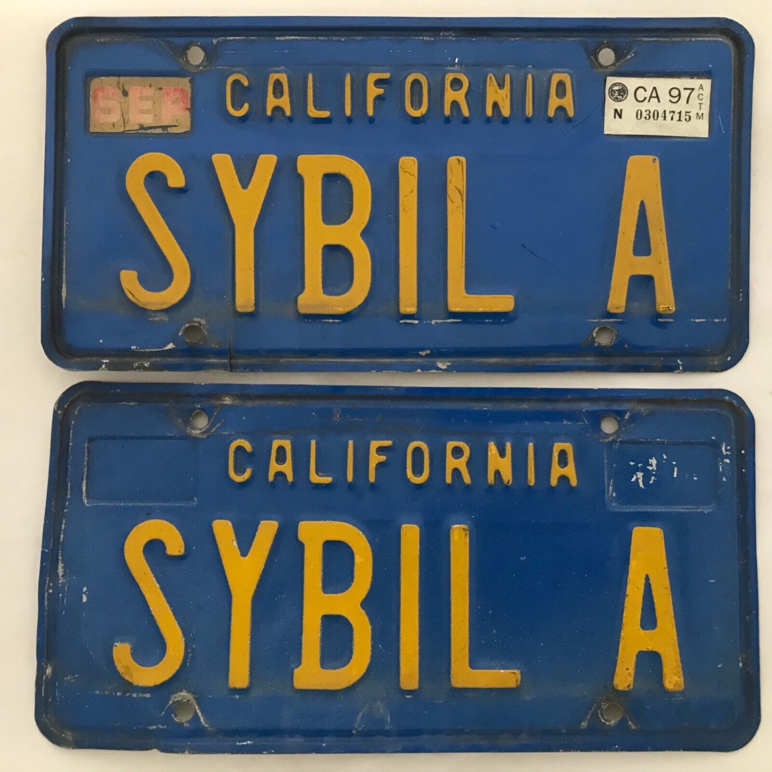 California License Plates Personalized SYBIL A Pair Blue Yellow CA Exp ...