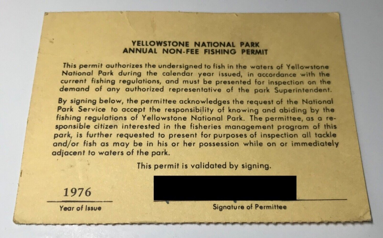 1976 Yellowstone National Park Permit Annual Non-Fee Fishing License ...