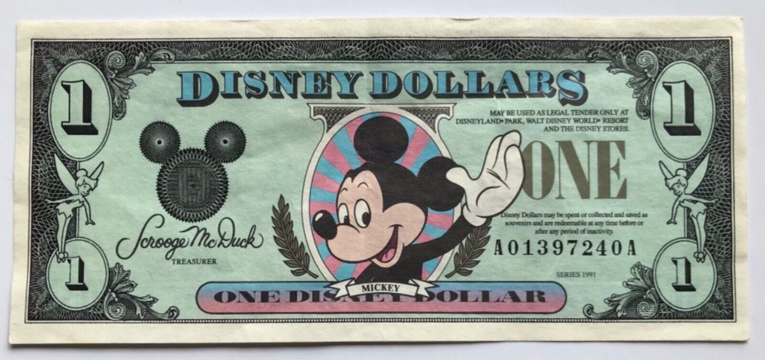 1991 $1 Disney One Dollar Bill A Series Mickey Mouse Disneyland Dollars