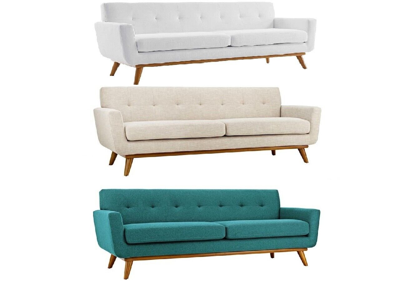 Mid Century Modern Classic Fabric Sofa 90” Wide In Beige Teal Blue or White