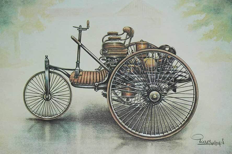 Original Vintage old pictures of automobile BENZ 1885, photo car, badge