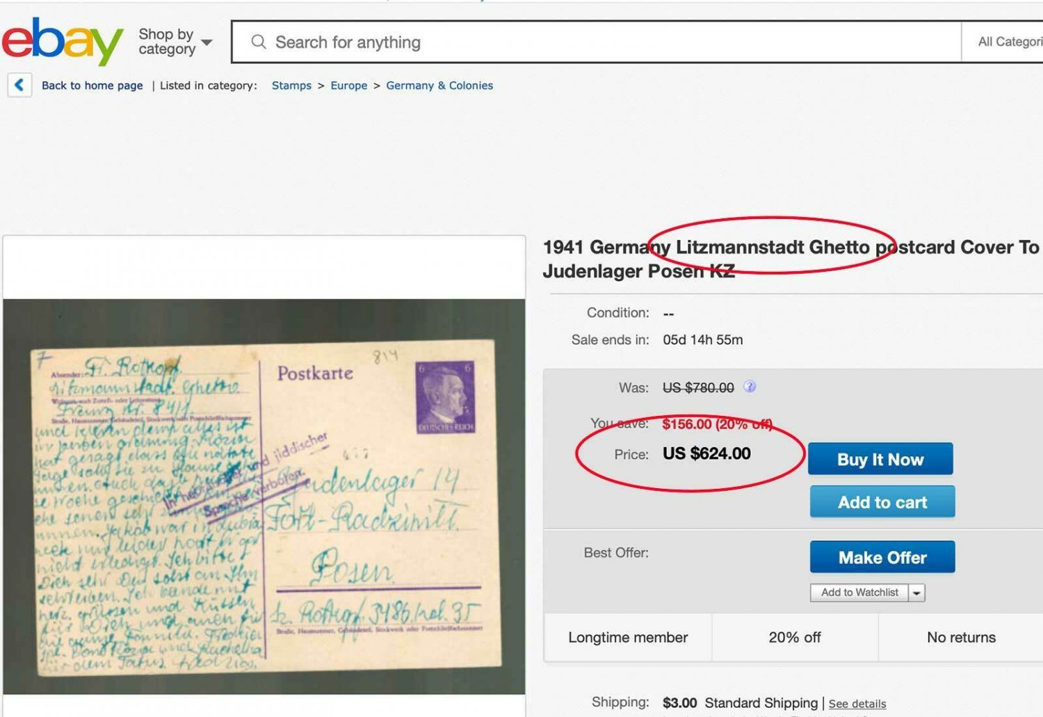 RARE JEWISH WW2 LETTER from LITZMANNSTADT GHETTO, 1940