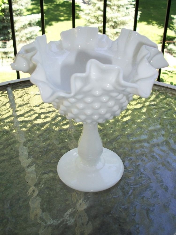 Vintage Fenton Milk Glass Footed Compote-Hobnail Pattern-Crimped Edge ...