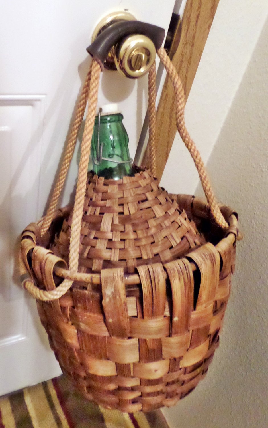 Large Glass Demijohn, Wicker Wrapped, Rope Carrying Hanging Handles