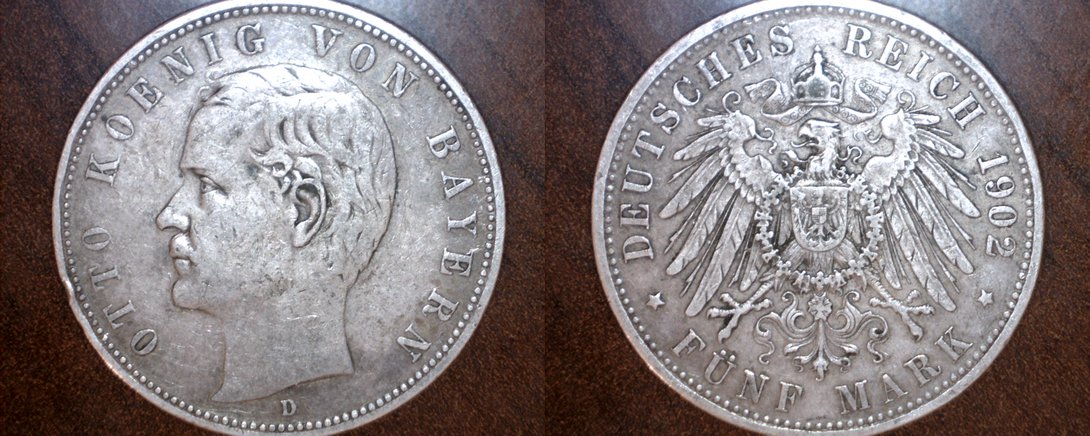 1902 D German 5 Mark World Silver Coin - Germany Bavaria