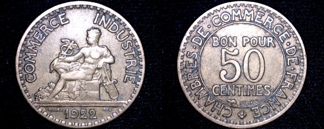 1922 French 50 Centimes World Coin - France