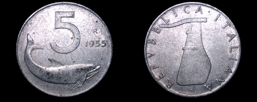 1955 Italian 5 Lire World Coin - Italy - Dolphin