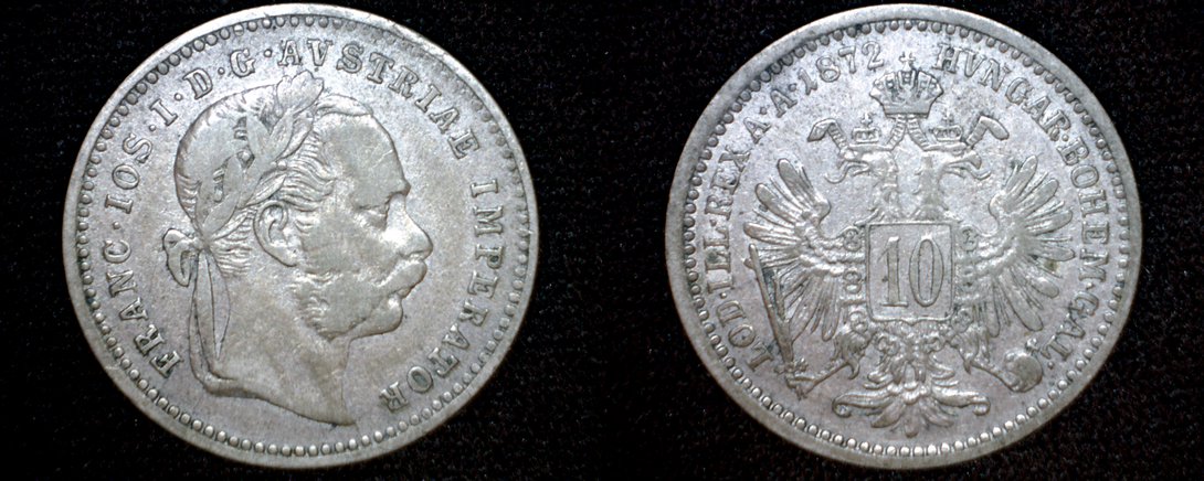 1872 Austrian 10 Kreuzer World Silver Coin - Austria