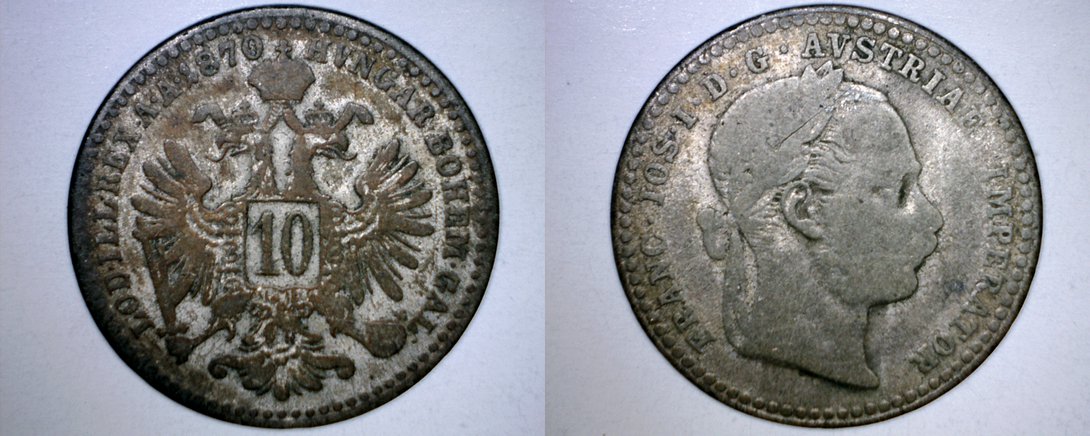 1870 Austrian 10 Kreuzer World Silver Coin - Austria