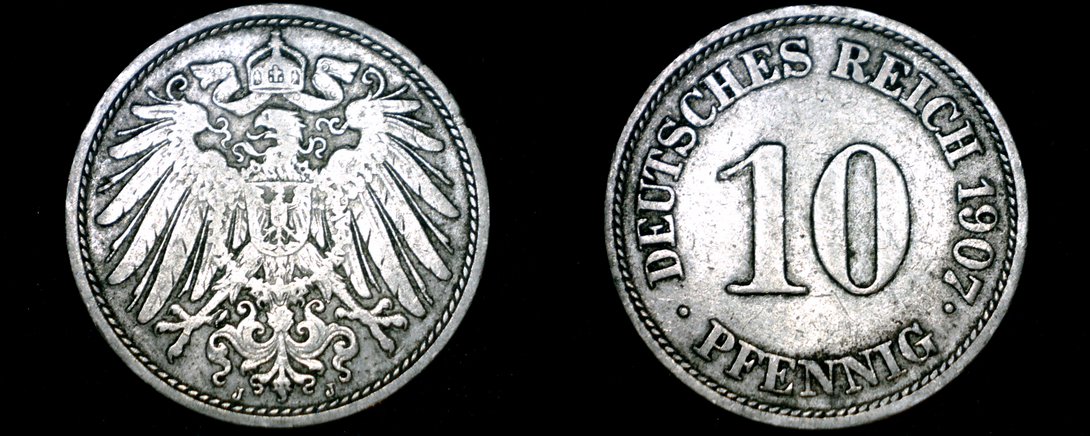 1907-J German 10 Pfennig World Coin - Germany