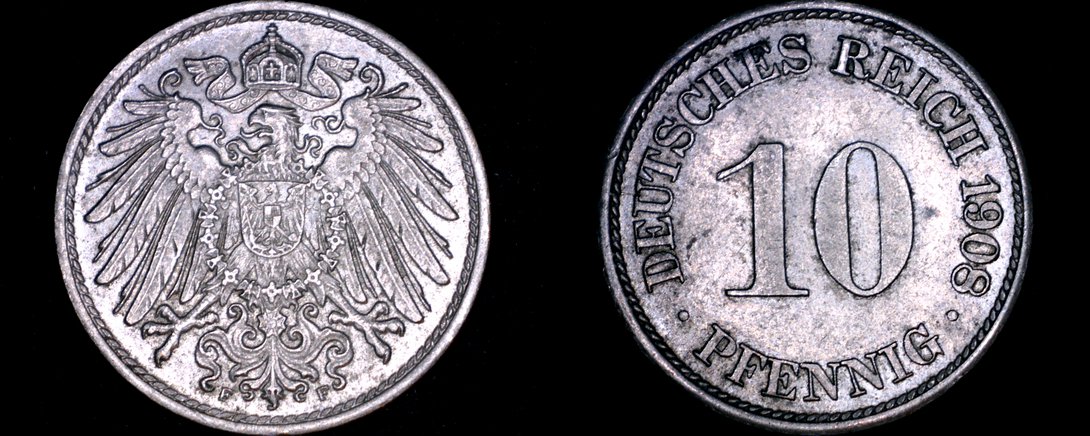 1908-F German 10 Pfennig World Coin - Germany
