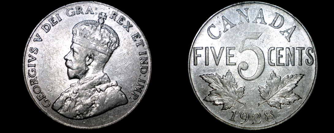 1928 Canadian 5 Cent World Coin - Canada