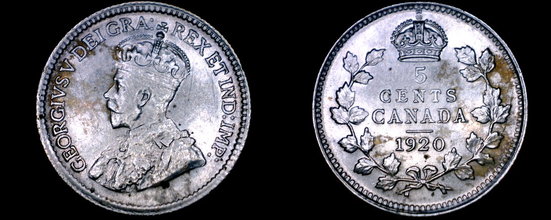 1920 Canada 5 Cent World Silver Coin - Canada - George V