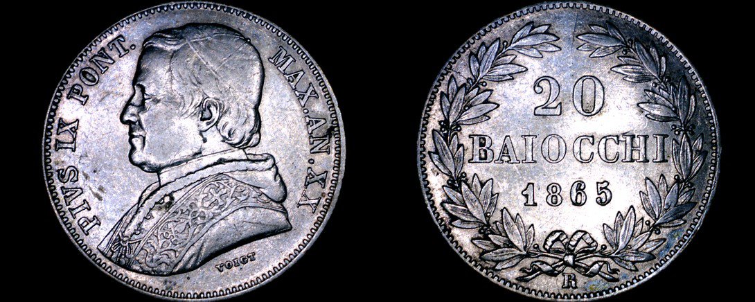 1865-XXR Italian States Papal States 20 Baiocchi World Silver Coin ...