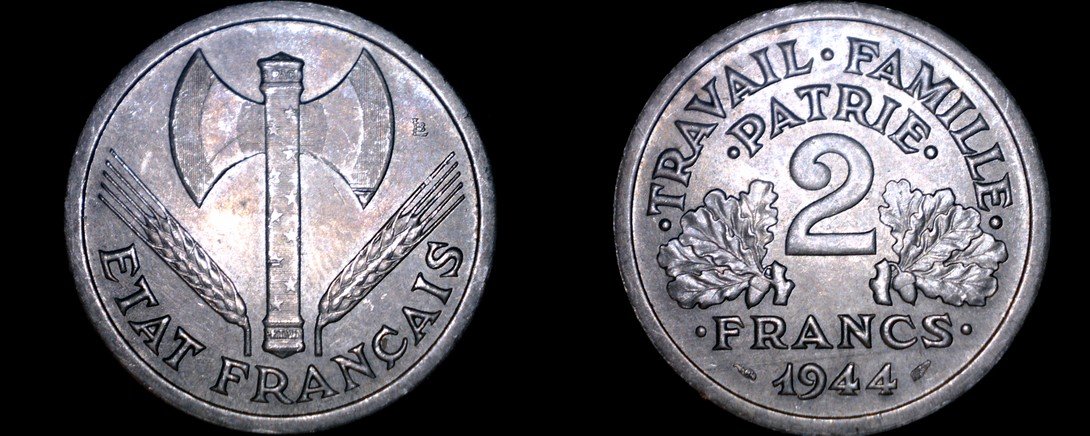 1944 French 2 Franc World Coin - German Occupied France