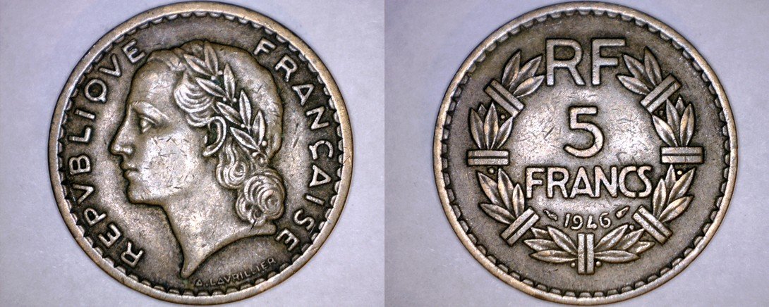 1946 French 5 Franc World Coin - France - Aluminum Bronze