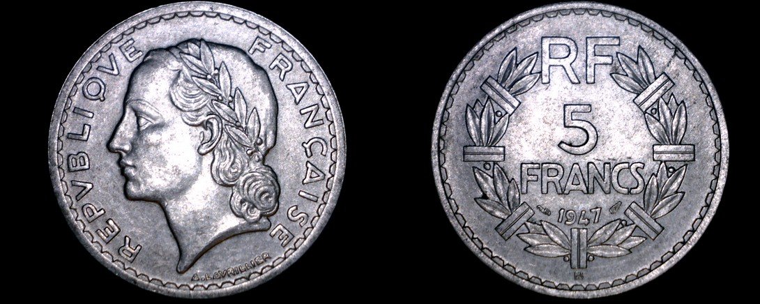 1947-B French 5 Franc World Coin - France - Open 9