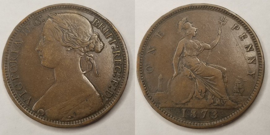 1873 Great Britain One Penny World Coin - UK - England - Victoria