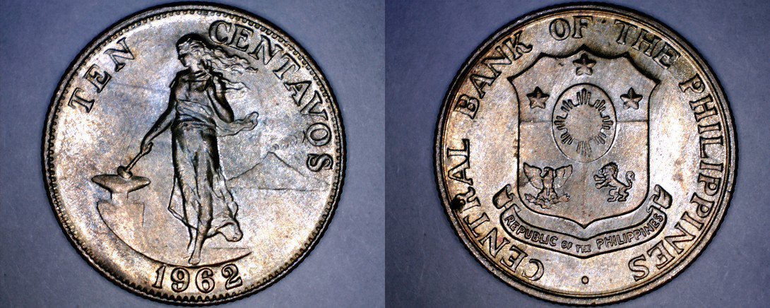 1962 Philippino 10 Centavo World Coin - Philippines - Nicely Toned