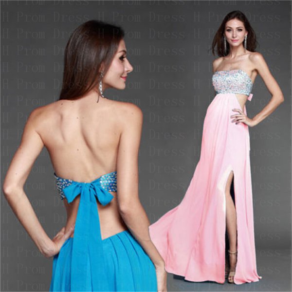 New Long Sexy Evening Party Strapless Beads Backless Prom Gown Formal
