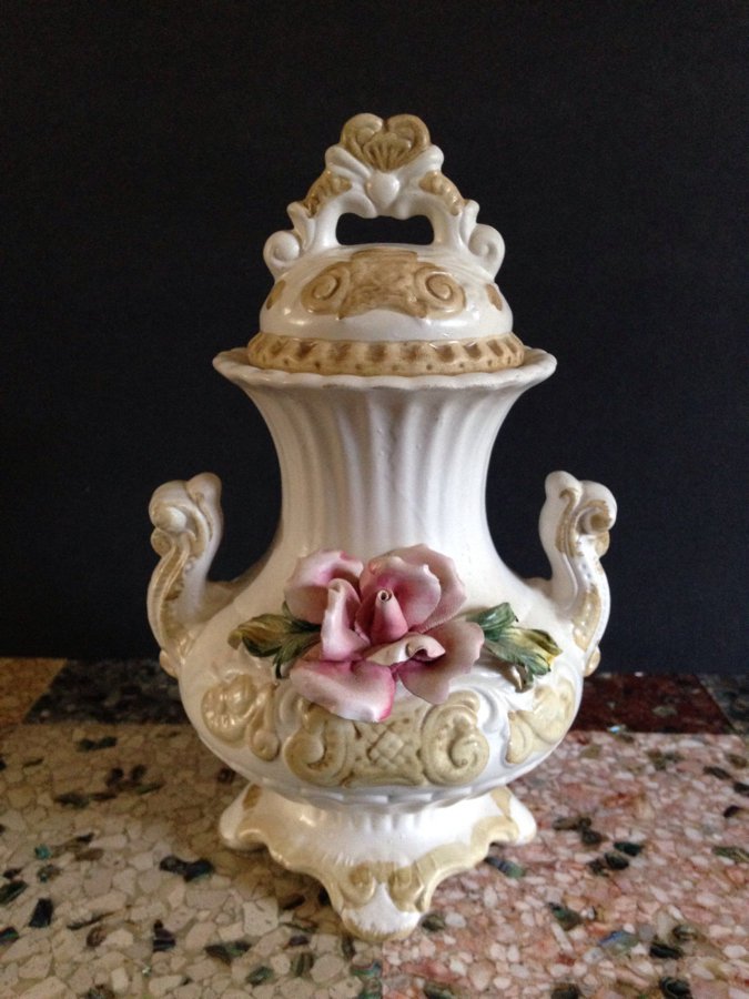 vtg Italian Capodimonte Double Handle Lidded Urn Floral Roses Vase ...