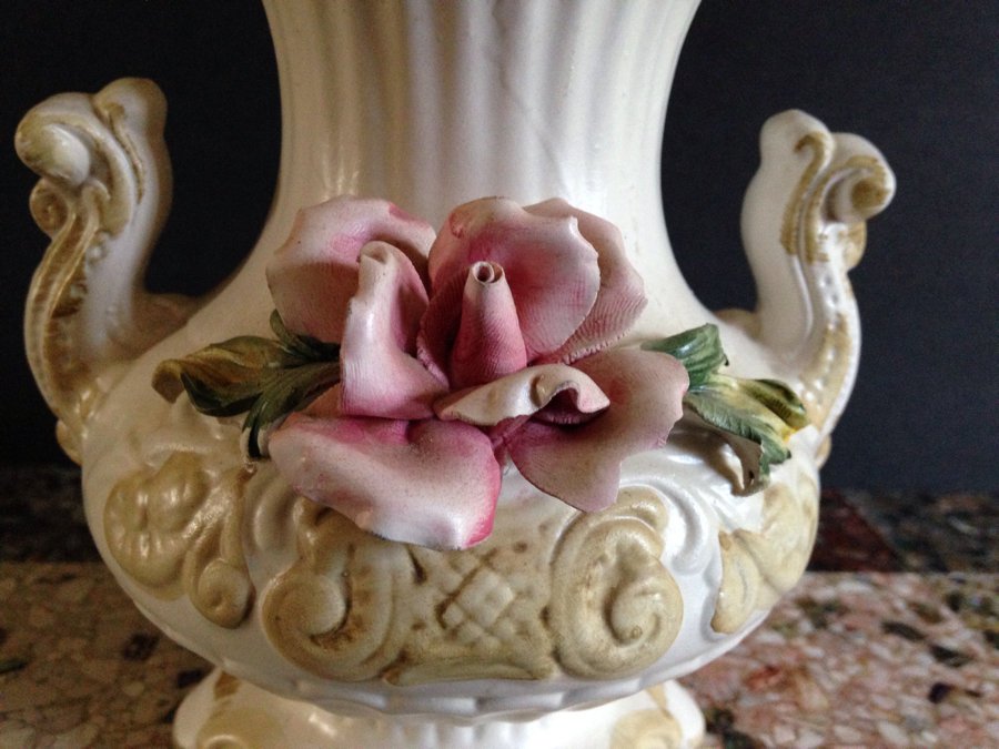 vtg Italian Capodimonte Double Handle Lidded Urn Floral Roses Vase ...