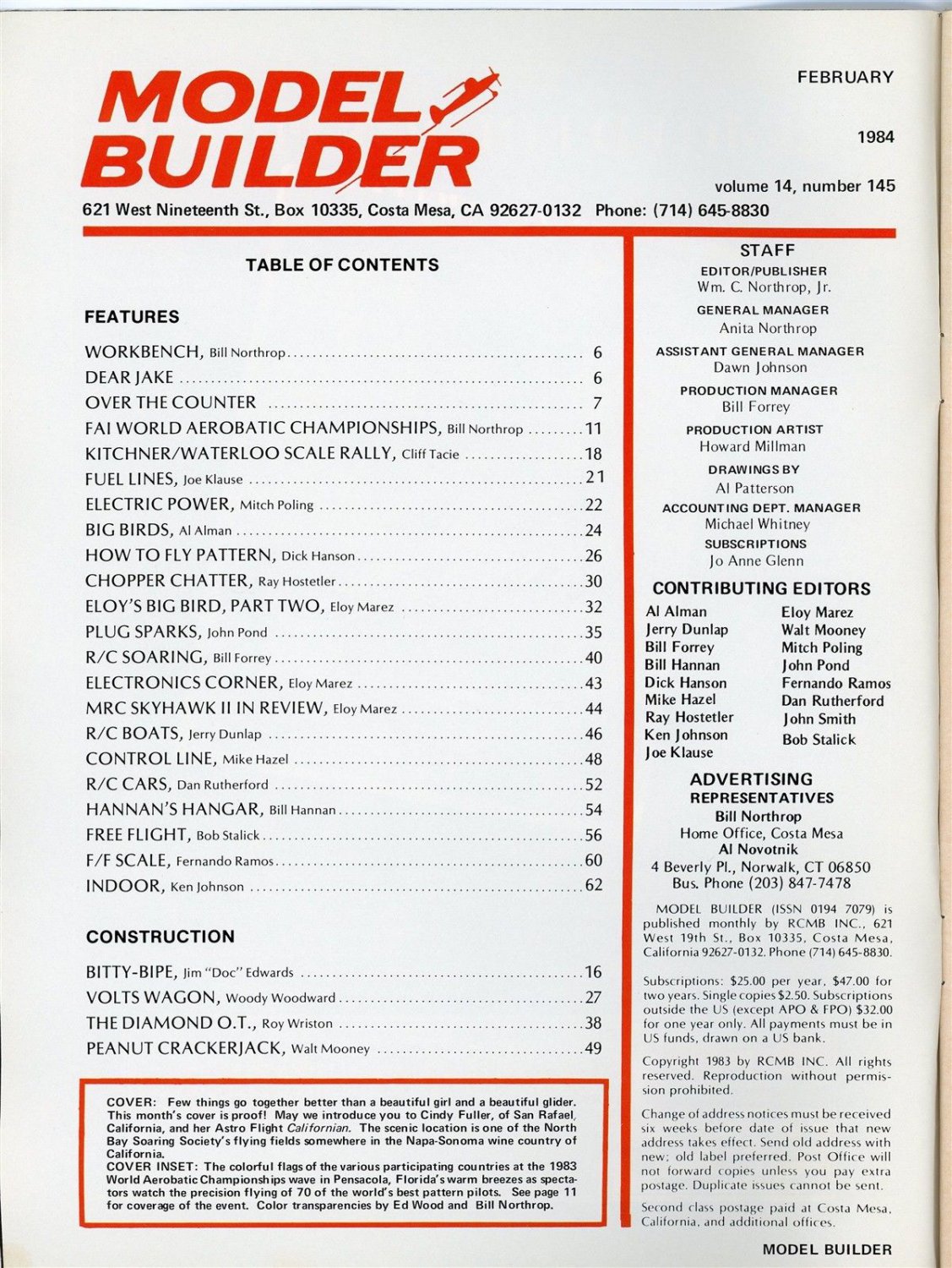 Model Builder Magazine February, 1984 Remote Control Airplanes, Boats, Cars