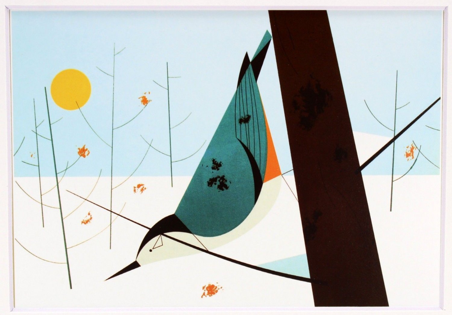 Charley Harper, White Breasted Nuthatch on Tree, Matted Litho Bird Print