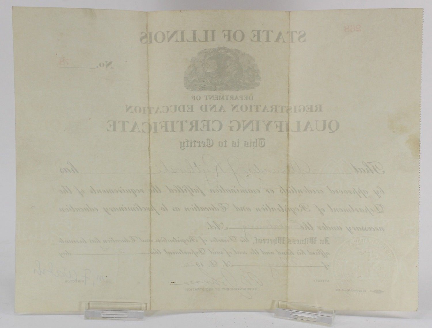 Embalming Qualifying Certificate, 1930, State of Illinois, Funerary ...