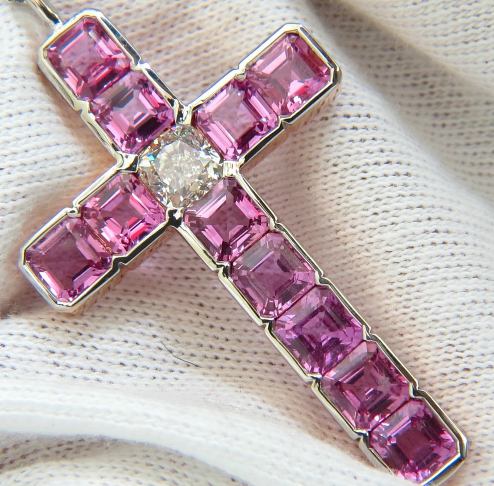 $35,000 18KT GIA 10.41CT NATURAL PINK SAPPHIRE DIAMOND CROSS PENDANT ...