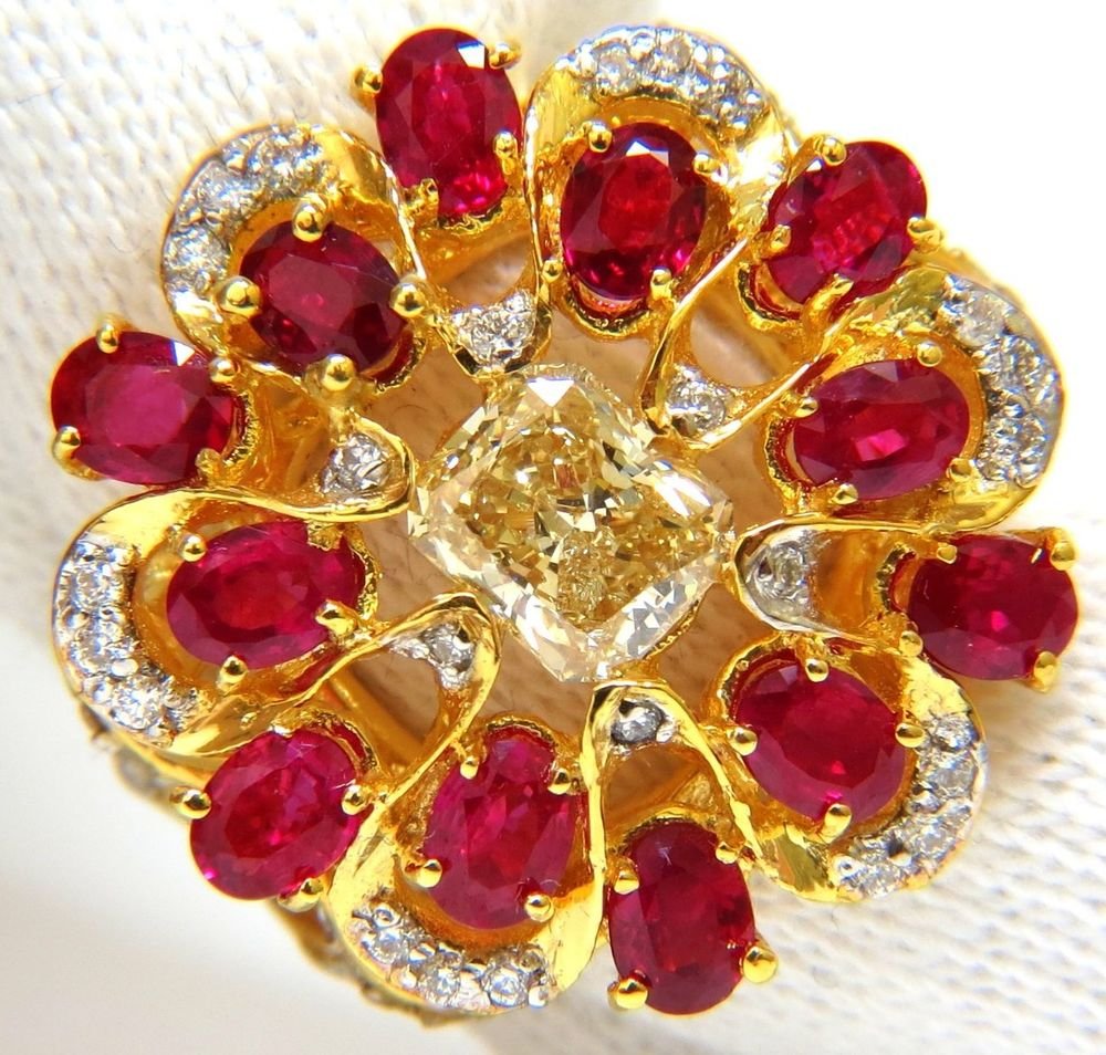 $7400 3.44CT NATURAL FANCY YELLOW BROWN DIAMOND RUBY COCKTAIL CLUSTER RING