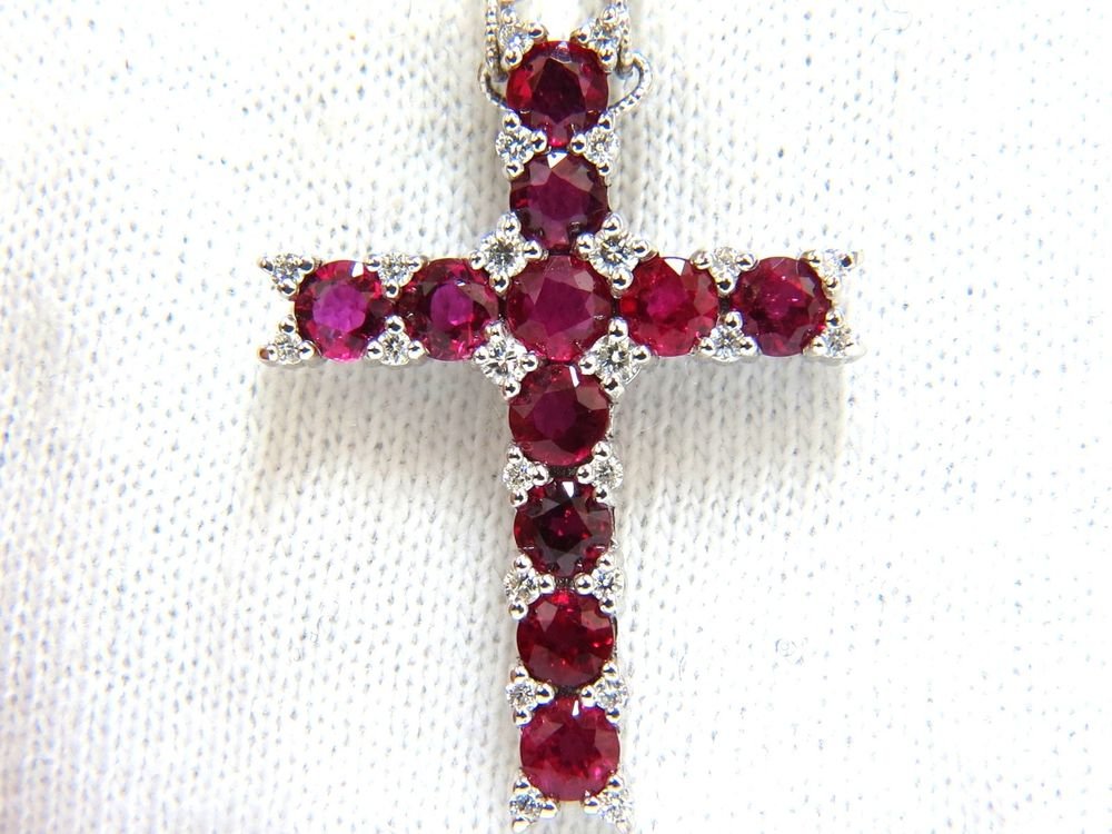 $4000 3.32ct. Natural Bright vivid red ruby diamonds cross pendant ...