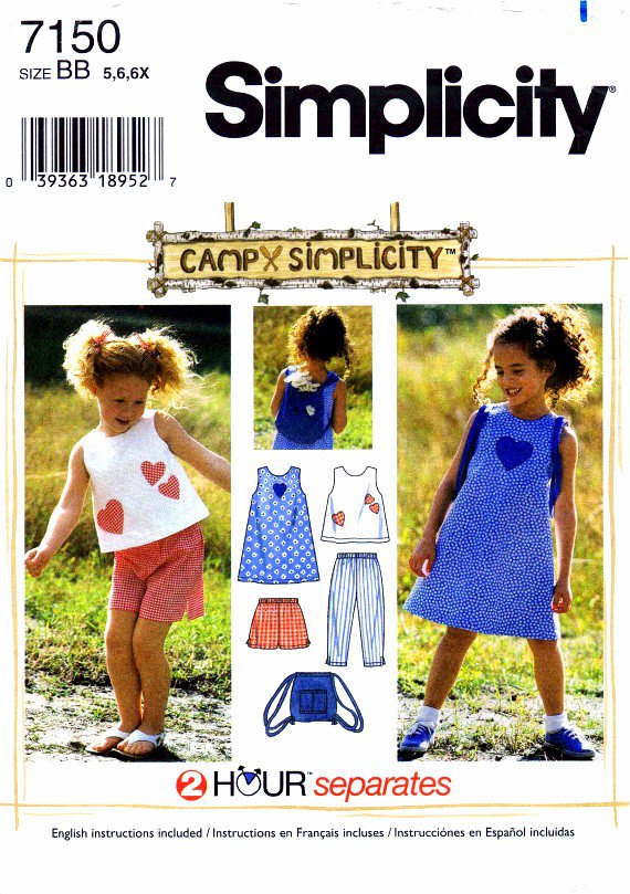 Simplicity 7150 Sewing Pattern Girls Dress Top Capri Pants Shorts Bag ...