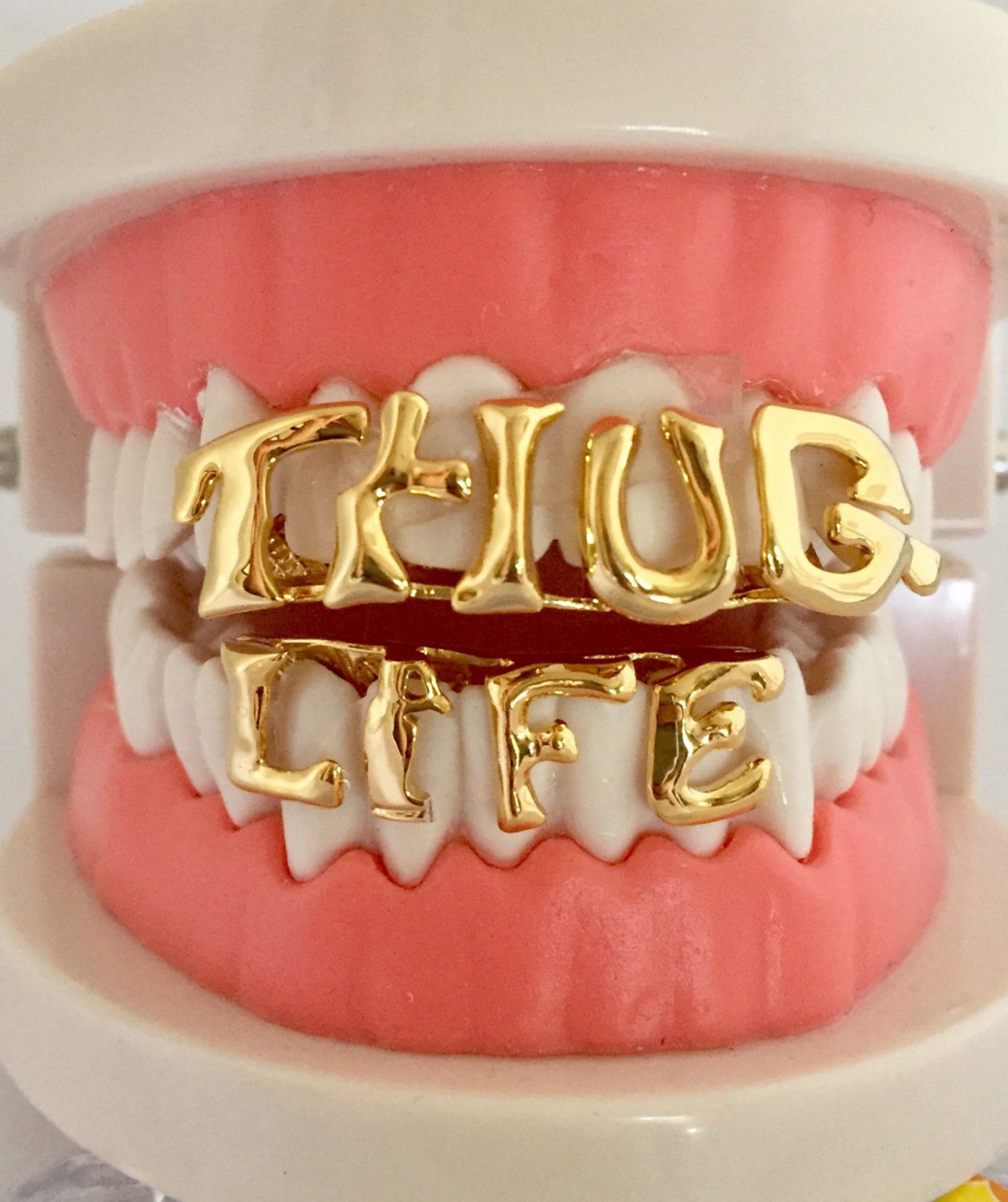 Custom THUG LIFE Hip Hop 14K Gold GP Teeth Top & Lower Bottom Grillz w ...