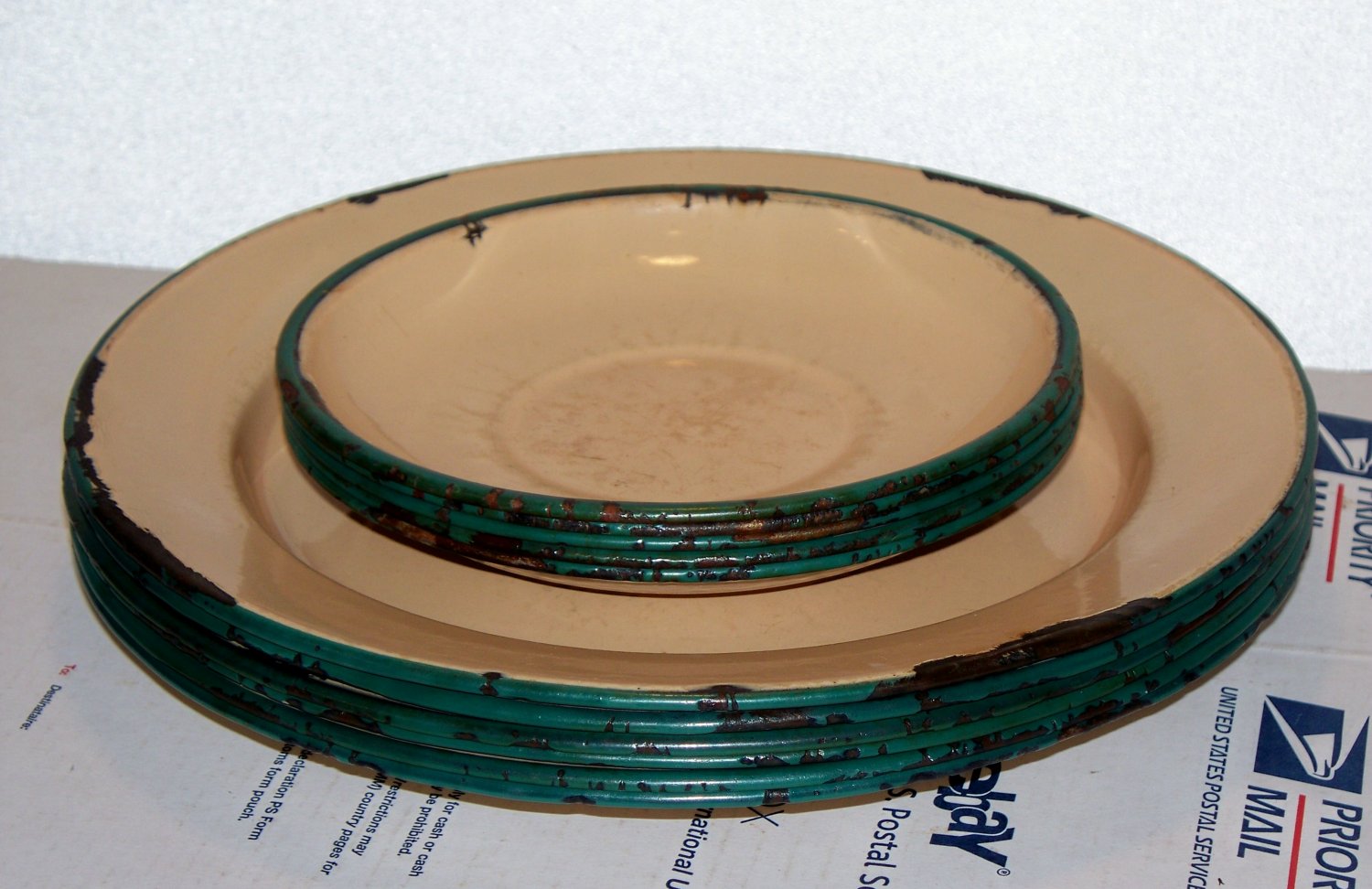 Beige colored with green trim plates & saucers enamelware used 6 plates ...