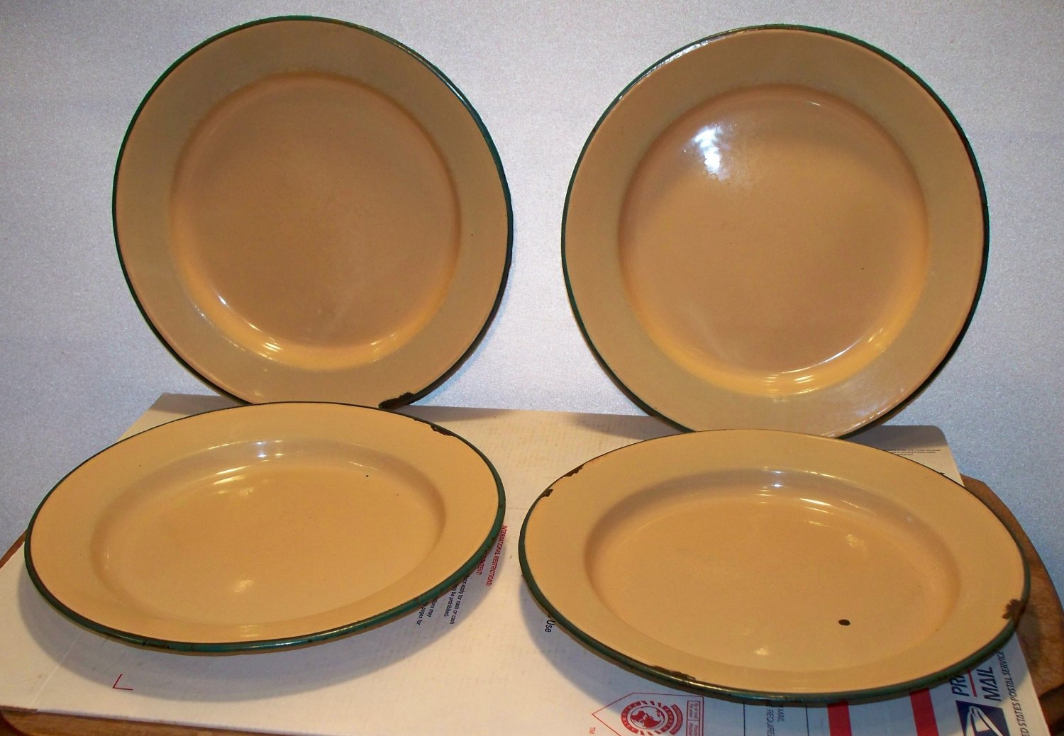Beige colored with green trim plates & saucers enamelware used 6 plates ...