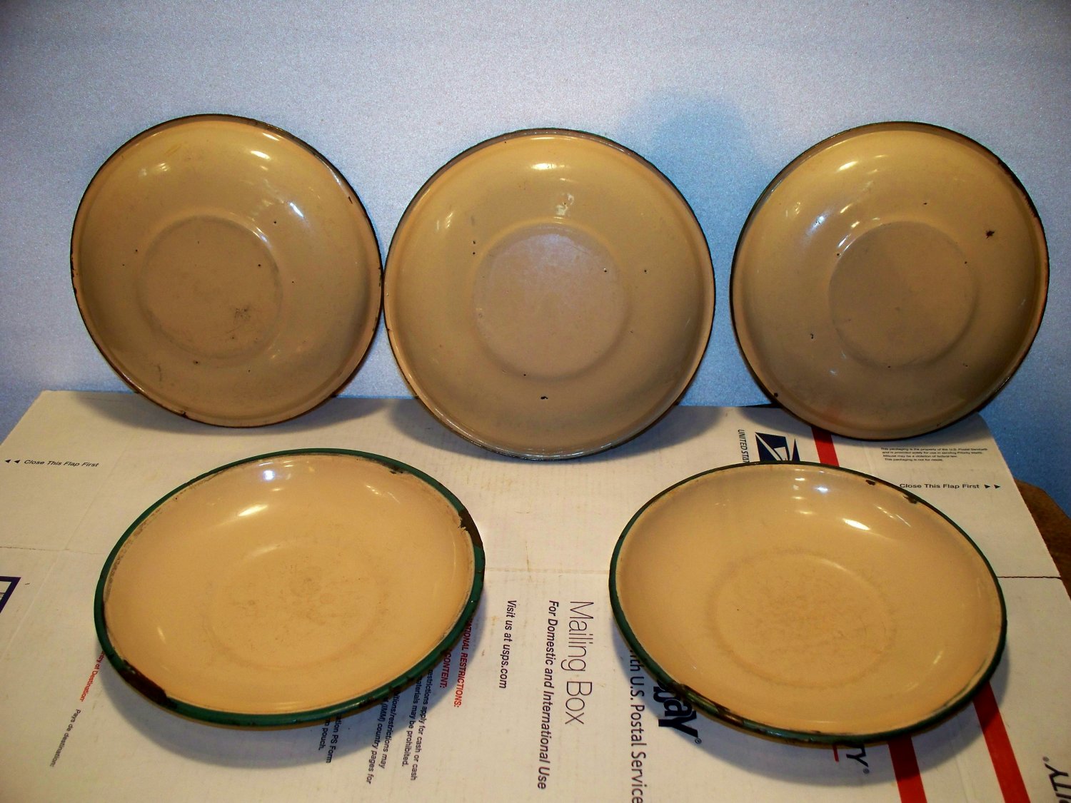 Beige colored with green trim plates & saucers enamelware used 6 plates ...