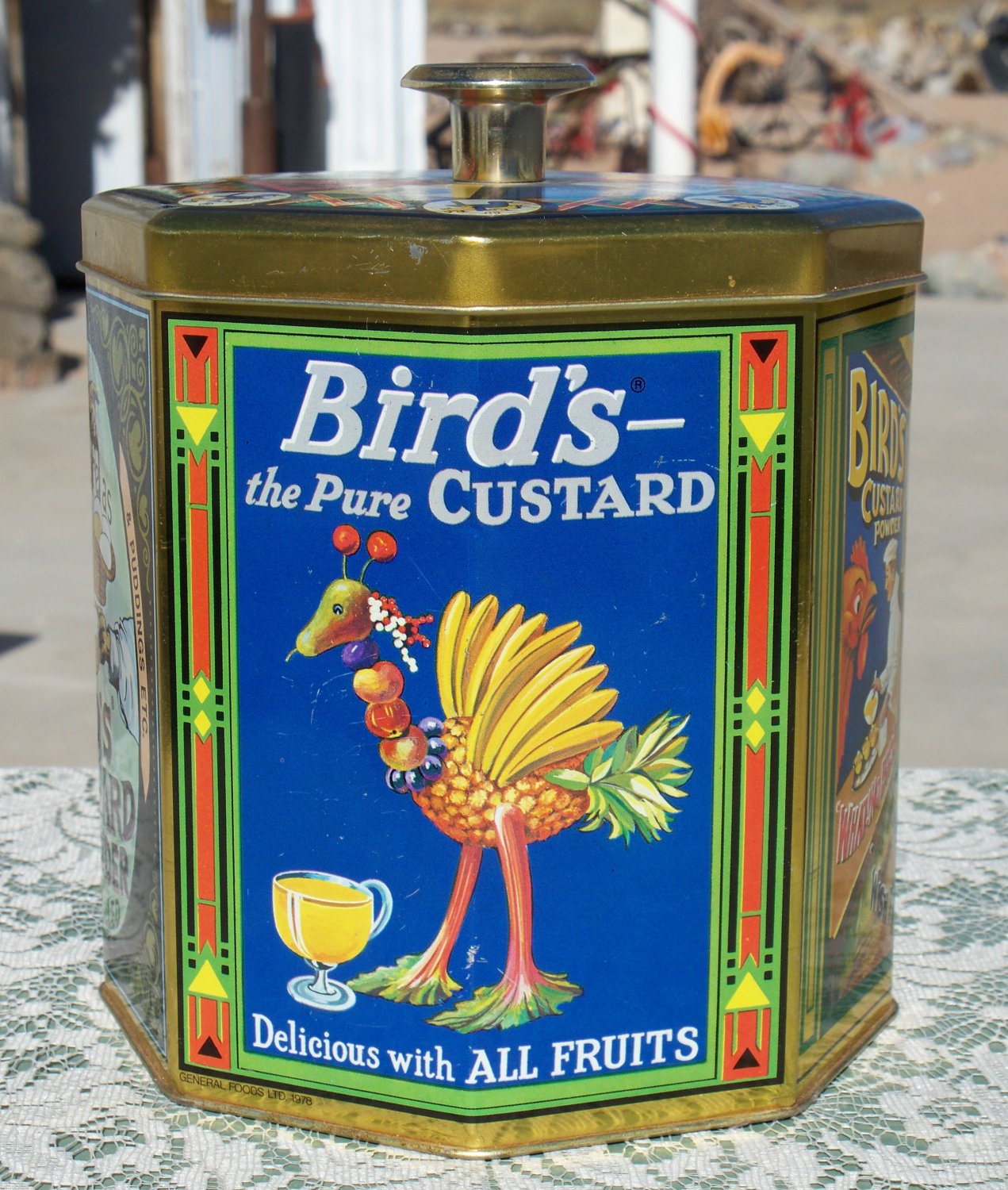 Bird's Custard tin canister 8 sided tin used empty Bird's Custard Powder